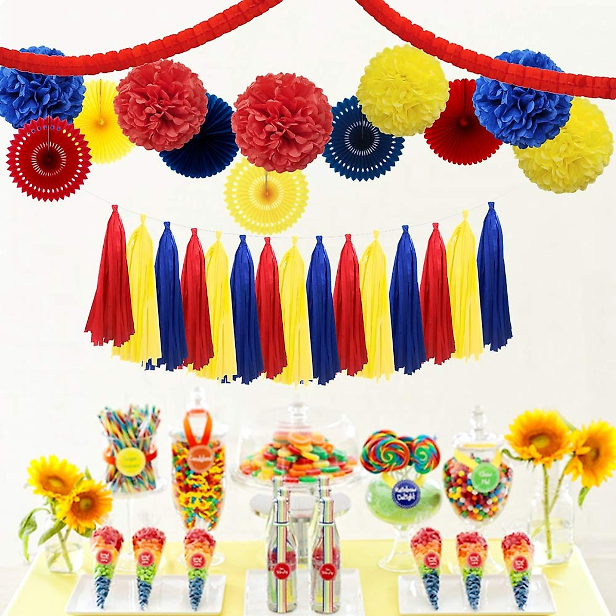 InBy Carnival 28PCS Red Blue Yellow Party Decorations Kit - 12" 10" Tissue Flower Paper Pom Poms 8" Paper Fan Tassel Garland for Birthday Bridal Baby Shower Wedding Bachelorette Decoration Supply