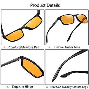 B BIKRUL Best anti glare Amber lens night vision glasses for driving,computer gaming glasses for men for eye strain,black square blue light glasses men