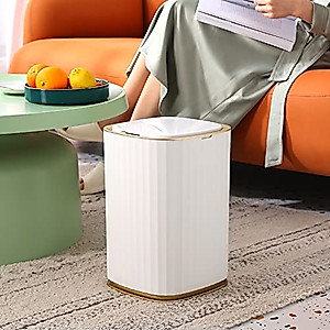 ELPHECO 3.5 Gallon Bathroom Trash Can, 13.5 Litre Bedroom Motion Sensor Trash Can with Lids, Automatic Waterproof Trash Can for Bathroom, Living Room, Bedroom, Office, White with Golden Trim