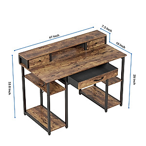 Treesland Computer Desk, 47" Office Desk with Monitor Shelf, Dual Tiers Home Office Gaming Desk with Drawers, Work Desk with Double-Layer Storage Rack, Stable Writing Desk, Rustic Brown