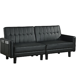 OQQOEE Futon Sofa Bed, Convertible Loveseat Couch with Adjustable Backrest, Faux Leather Upholstered Sleeper Sofa for Living Room & Apartment, Side Pockets, Black (Black, Loveseat)