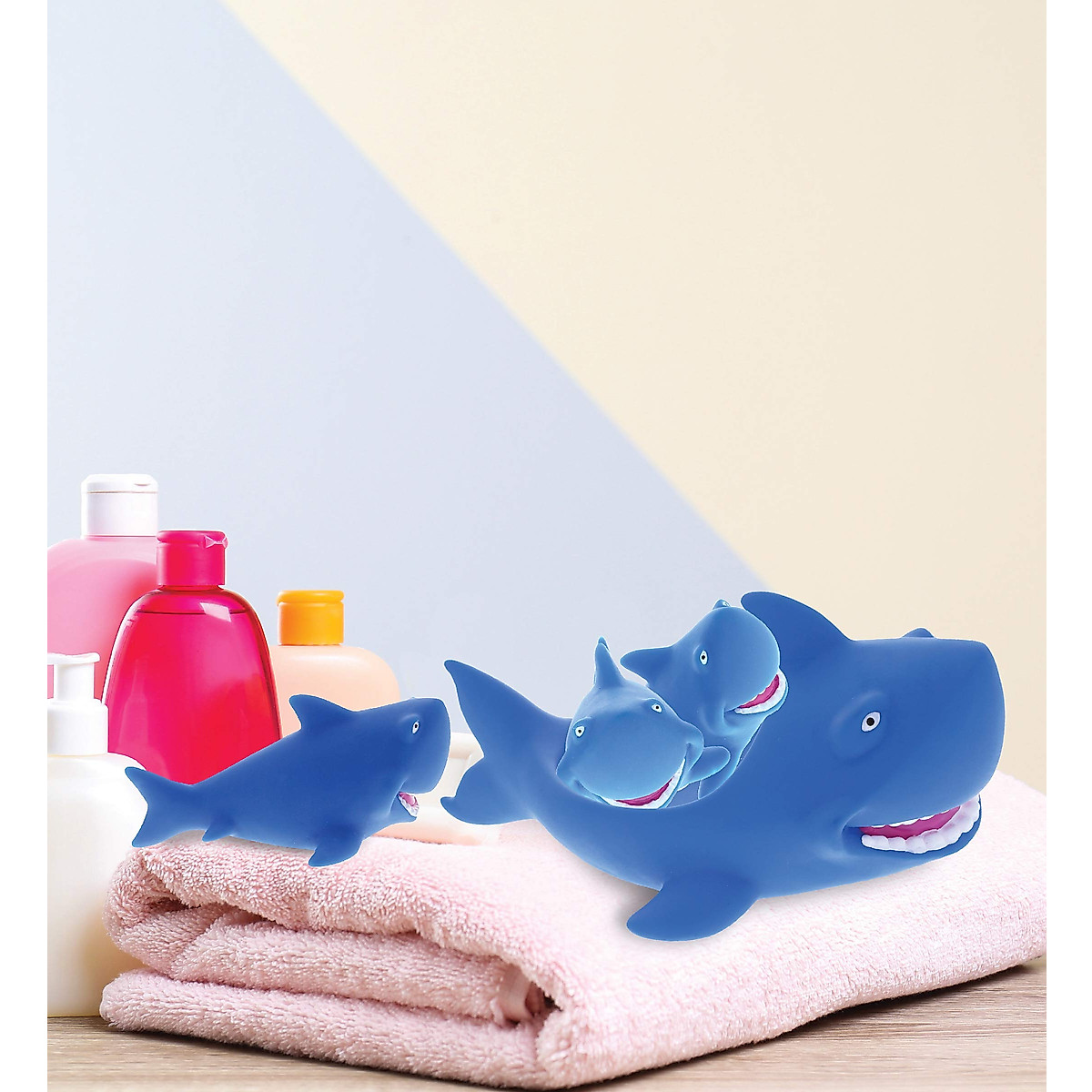 Dollibu Family Animal Bath Squirters 4 Piece Bath Toy Set, Toddler Bath Toys for Bathtime & Water Fun, Girls & Boys Floating Rubber Squirt Toys, Floaty Pool Toys for Toddlers & Kids - Blue Shark