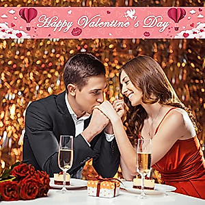 Happy Valentine's Day Banner, Large Valentines Banner Red Love Heart Backdrop for Valentine's Day Indoor Outdoor Party Decorations (Pink)