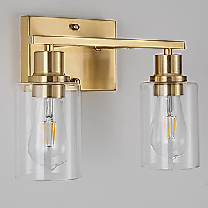 EMONG Gold Bathroom Light Fixtures,2-Lights Brushed Brass Vanity Light with Clear Glass Shade,Modern Wall Sconces for Hallway, Farmhouse,Living Room