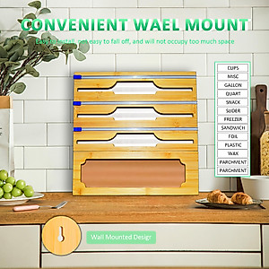 Bikerid Bamboo Wrap Dispenser with Cutter, Plastic Wrap Organizer, Aluminum Foil Organization, and Wax Paper Dispenser Holder for Kitchen Drawer and Wall, Compatible with 12" Roll