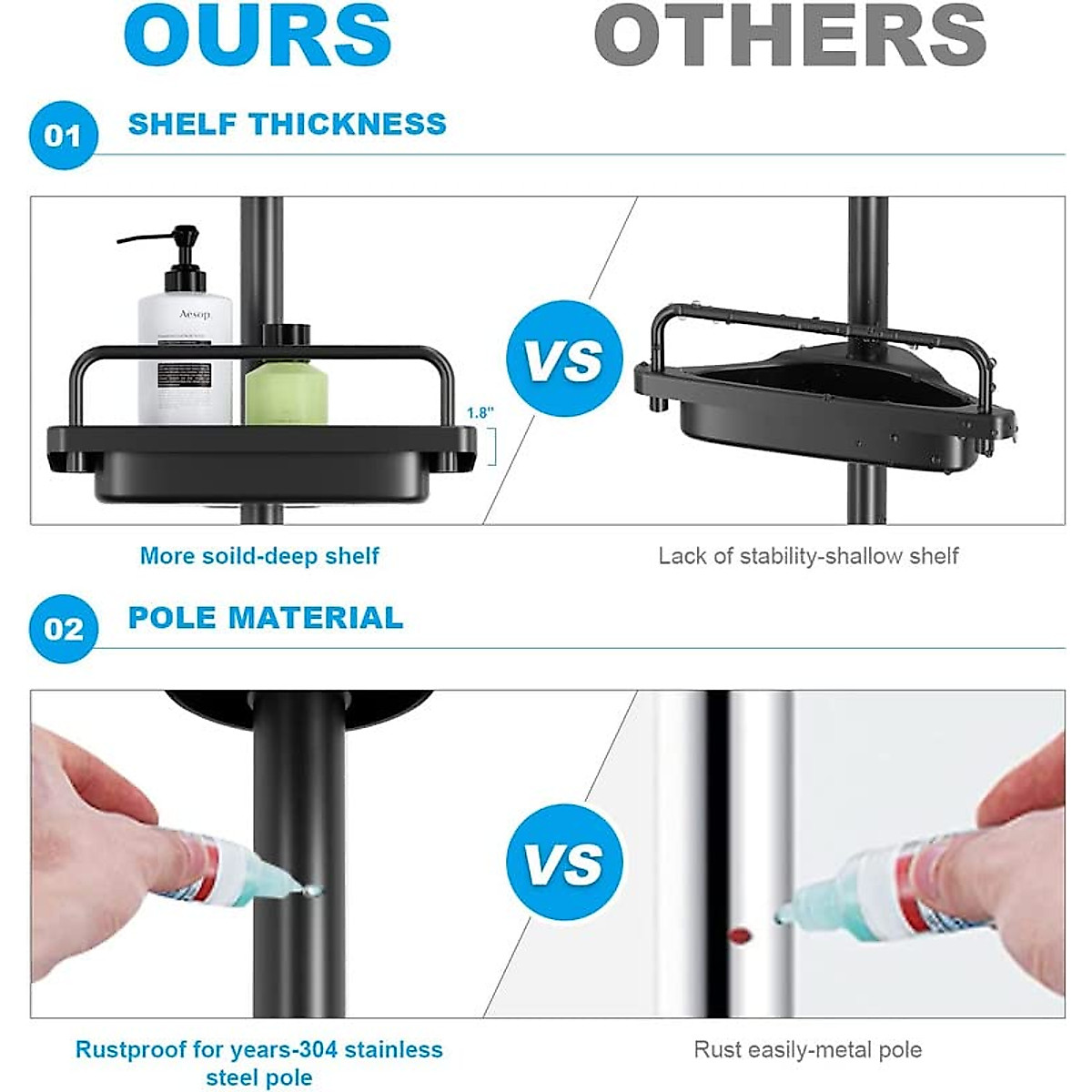 FRDECON Rustproof Shower Caddy Corner for Bathroom, 4-Tier Tension Pole Stainless Steel Shower Organizer, 56 to 117 Inch Adjustable Bathtub Shower Shelf Storage with 1 Tower Bar, Black