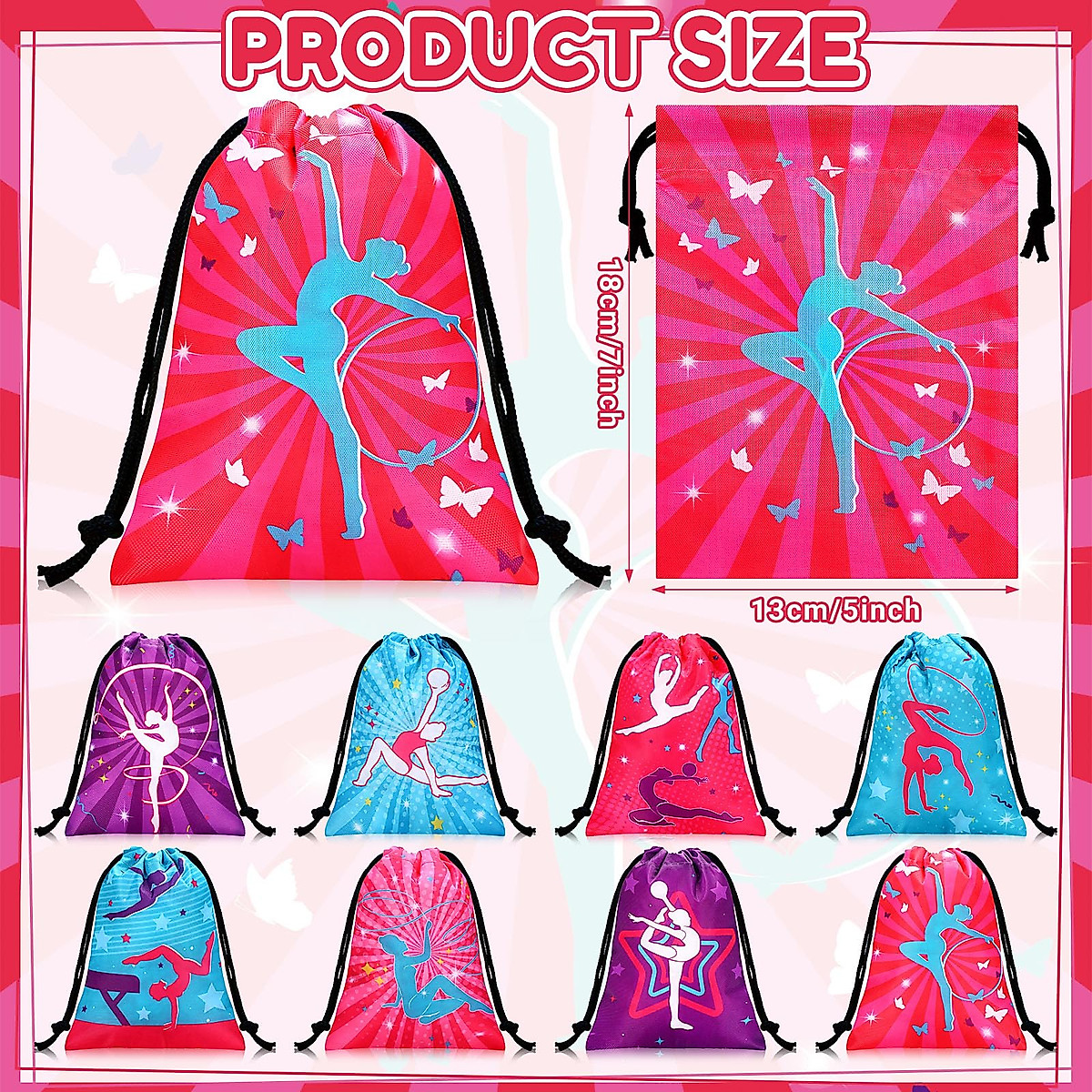 Honoson 24 Pcs Gymnastics Party Favors Bags Gymnastics Birthday Goodie Bags Gymnastics Theme Gift Bags for Gymnastics Drawstring Treat Bag for Birthday Baby Shower Party Supplies 7x5inchs