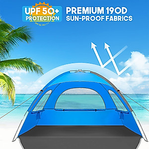 MIRUS Beach Tent, 2-3 Person Sun Shade Shelter with UPF50+ Protection Extended Floor & 3 Ventilating Roll Up Windows Carrying Bag Stakes and Tiedown Strings, Sky Blue