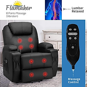 Flamaker Power Lift Recliner Chair PU Leather with Massage for Elderly Ergonomic Lounge Chair Classic Single Sofa with 2 Cup Holders Side Pockets Home Theater Seat (Light Black)