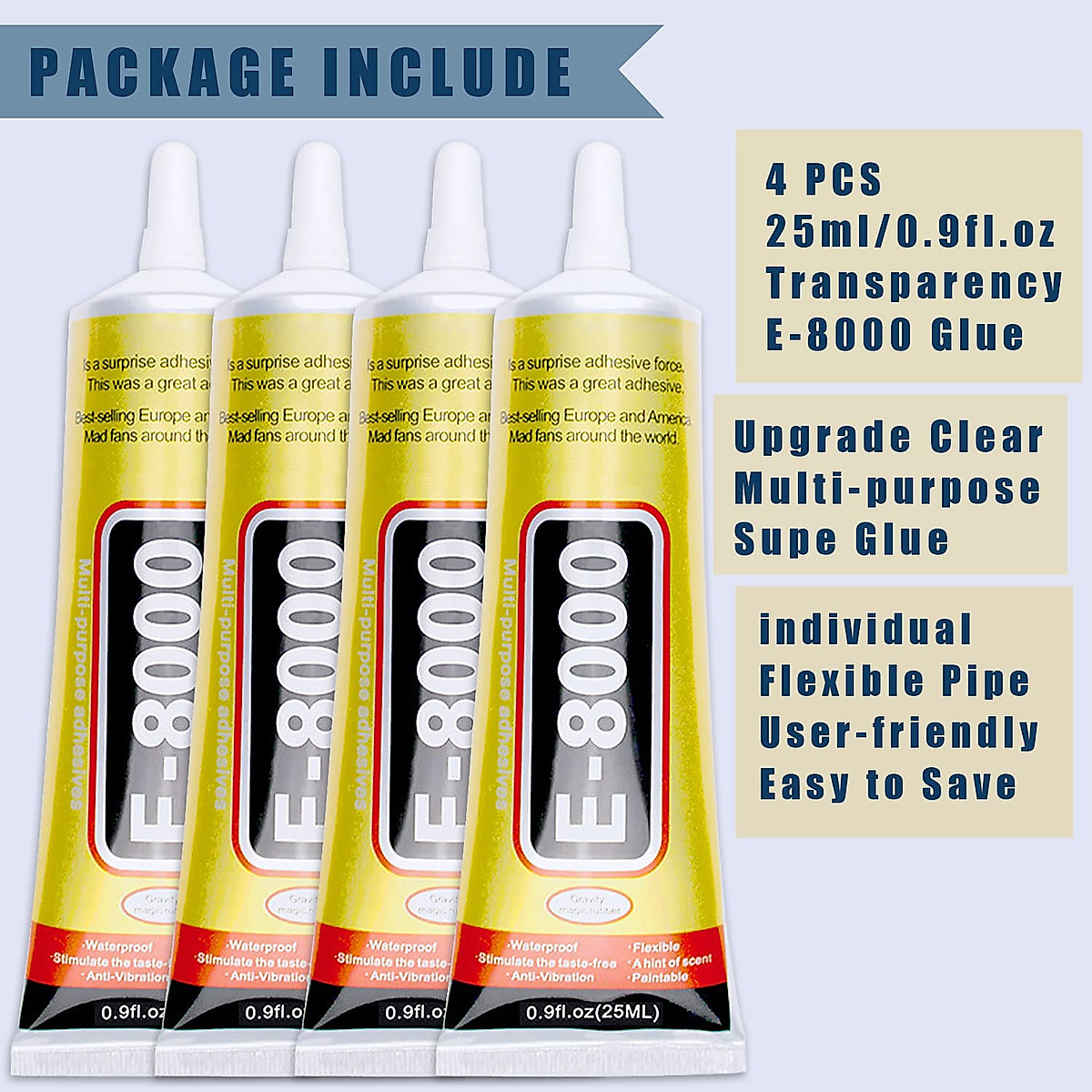 4pcs X 25ML E8000 Glue Clear Jewelry Metal Glue, Upgrade Clear E-8000 Glues Paste Transparent Liquid Fusion Fabric Glue for Phone Repair, Glass, Wooden, Rhinestone Jewelry Crafts, DIY Tumblers