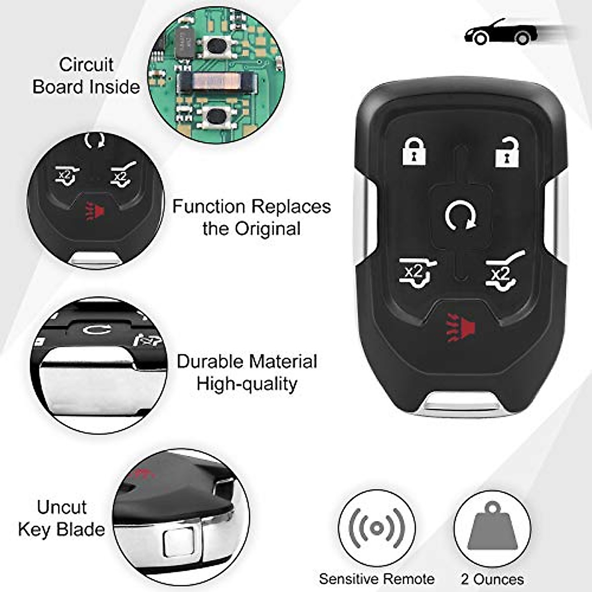 Car Key Fob Fit for GMC 2015-2020 Yukon/ Yukon XL Smart Key Compatible with Chevy 2015-2020 Suburban Chevrolet Tahoe (HYQ1AA) 6-Buttons 315 MHz Self-prgrammed Keyless Entry System