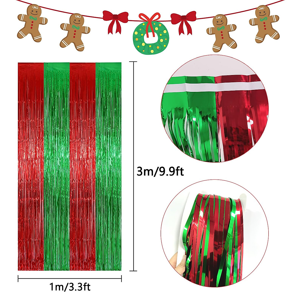 2 Pack 3.2ft x 9.8ft Christmas Metallic Foil Fringe Curtain, Red Green Tinsel Curtains Streamer Large Party Photo Booth Props Backdrops for Happy New Year Birthday Wall Door Indoor Outdoor Decorations