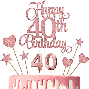 Lecferrarc 40th Birthday Cake Decorations, 40th Birthday Candles Cake Numeral Candles and Glitter Happy 40th Birthday Cake Toppers Set for Birthday Party Supplies (Rose Gold)