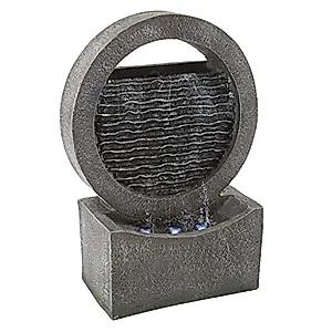 Round Cascade Outdoor Fountain - 18.5-Inch Modern Polyresin Waterfall with Stone Wall Design and LED Lights for Outdoor Decor by Pure Garden (Gray)