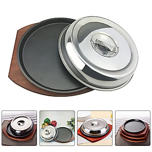 Tofficu Cast Steak Board Iron Fajita Skillet Set with Wooden Tray and Lid Fajita Pan for Restaurant Home Kitchen Cooking Grilling Meats Seafood Wood Serving Board Use Steak Serving Plate