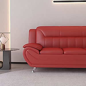 Container Furniture Direct Michael Modern Faux Leather Upholstered Stainless Steel Legs Living Room, Sofa, Persian Red