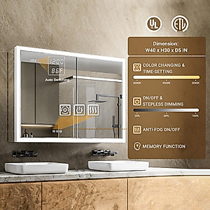 QueenFun 40x30 Recessed or Surface LED Medicine Cabinet with Mirror, 3 Color Dimmable Fogless Lighted Medicine Cabinet with Outlet and Adjustable Shelves,Time Display & Built-in Auto-Sensing Light