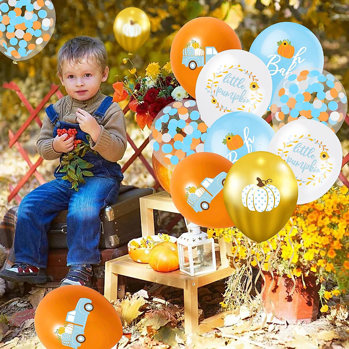 50 PCS Winter Little Pumpkin Party Balloons Baby Shower Balloons Maple Leaf Pumpkin Truck Gold Confetti Balloons for Birthday Little Pumpkin Baby Shower Wedding Christmas Party Decor