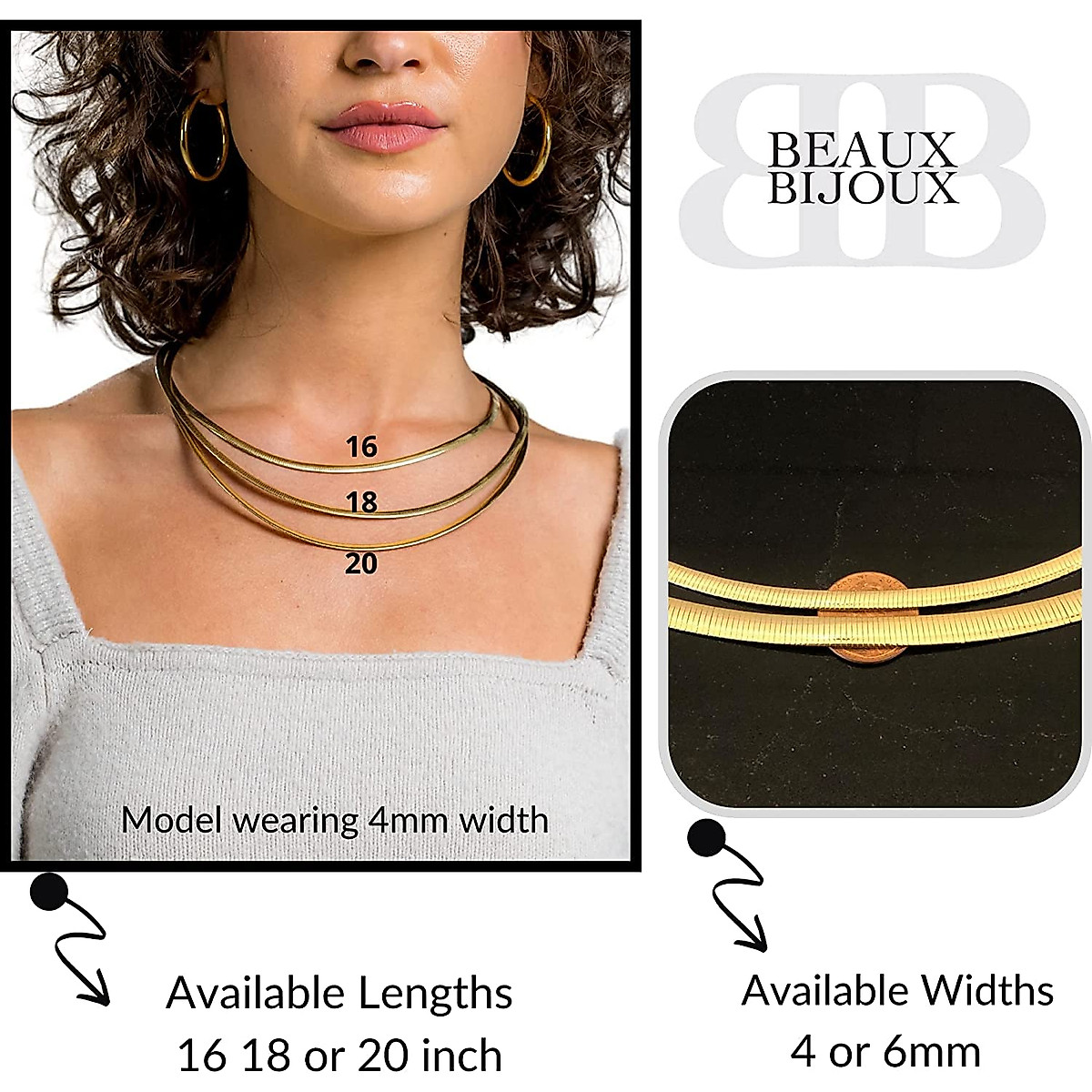 Beaux Bijoux Reversible Omega Necklace For Women - Two Tone Silver 18k Gold Omega Chain Necklace - Gold Choker Necklaces For Women - 18k Gold Necklaces For Women (18 inch 6mm - 18k Gold and Silver)