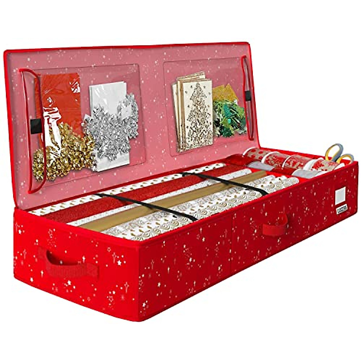 CLOZZERS Wrapping Paper Storage Container, with 2 Large Pockets for Accessories and Supplies, Heavy Duty Wrapping Paper Holder, Tear Resistant and Water Resistant, Fits up to 24 Standard Rolls, Red Stars Print