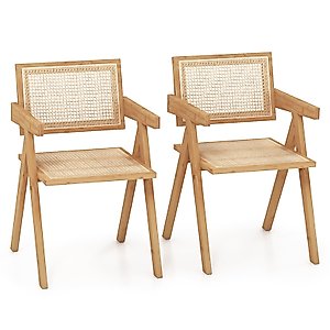 Giantex Boho Cane Dining Chairs Set of 2, Max Load 330 Lbs, Wooden Dining Chairs, Bamboo Accent Armchair for Living Room, Dining Room, Natural