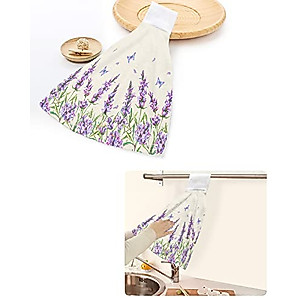 WARM TOUR 1Pcs Kitchen Hanging Towel Country Purple Lavender Flower Butterfly,Absorbent Soft Hand Tie Towel with Loop Fall Floral Retro Linen,Tea Bar Dish Cloth Dry Towel for Bathroom