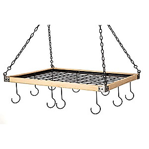 SODUKU Pot Pan Rack with Shelf Grid, Ceiling Mounted Hanging Multi-Purpose Wood & Metal Cookware Hanger Organizer Kitchen Storage with 10 Hooks