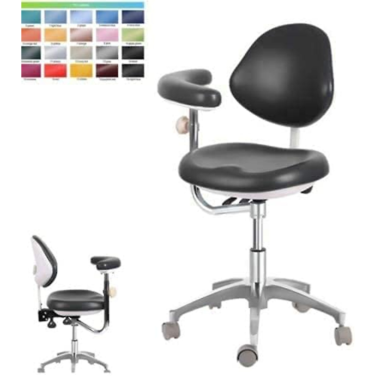 Adjustable Doctor's Stool Assistant Chair+360 Degree Rotation Armrest PU Black QY600