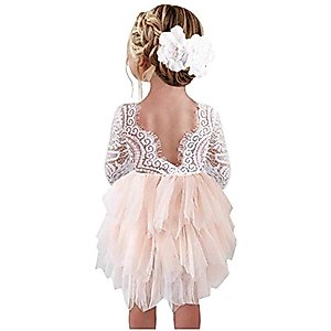 2Bunnies Girl Peony Lace Back A-Line Tiered Tutu Tulle Flower Girl Dress (Pink 3/4 Sleeve Short, 12Months)