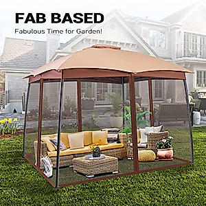 FAB BASED 10x12 Gazebo for Patio, Double Vent Canopy Gazebo with Privacy Netting Screen, Outdoor Heavy Duty Steel Patio Gazebo, Waterproof and Portable Gazebo for Deck Backyard Lawn and Garden (Khaki)