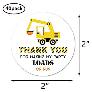 Construction Truck Thank You Stickers, 2 Inch Birthday Baby Shower Party Favor Labels 40-Pack