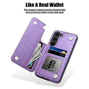 MMHUO for Samsung Galaxy S23 Case with Card Holder,Flower Magnetic Back Flip Case for Samsung Galaxy S23 Wallet Case for Women,Protective Case Phone Case for Samsung Galaxy S23 5G (2023),Purple
