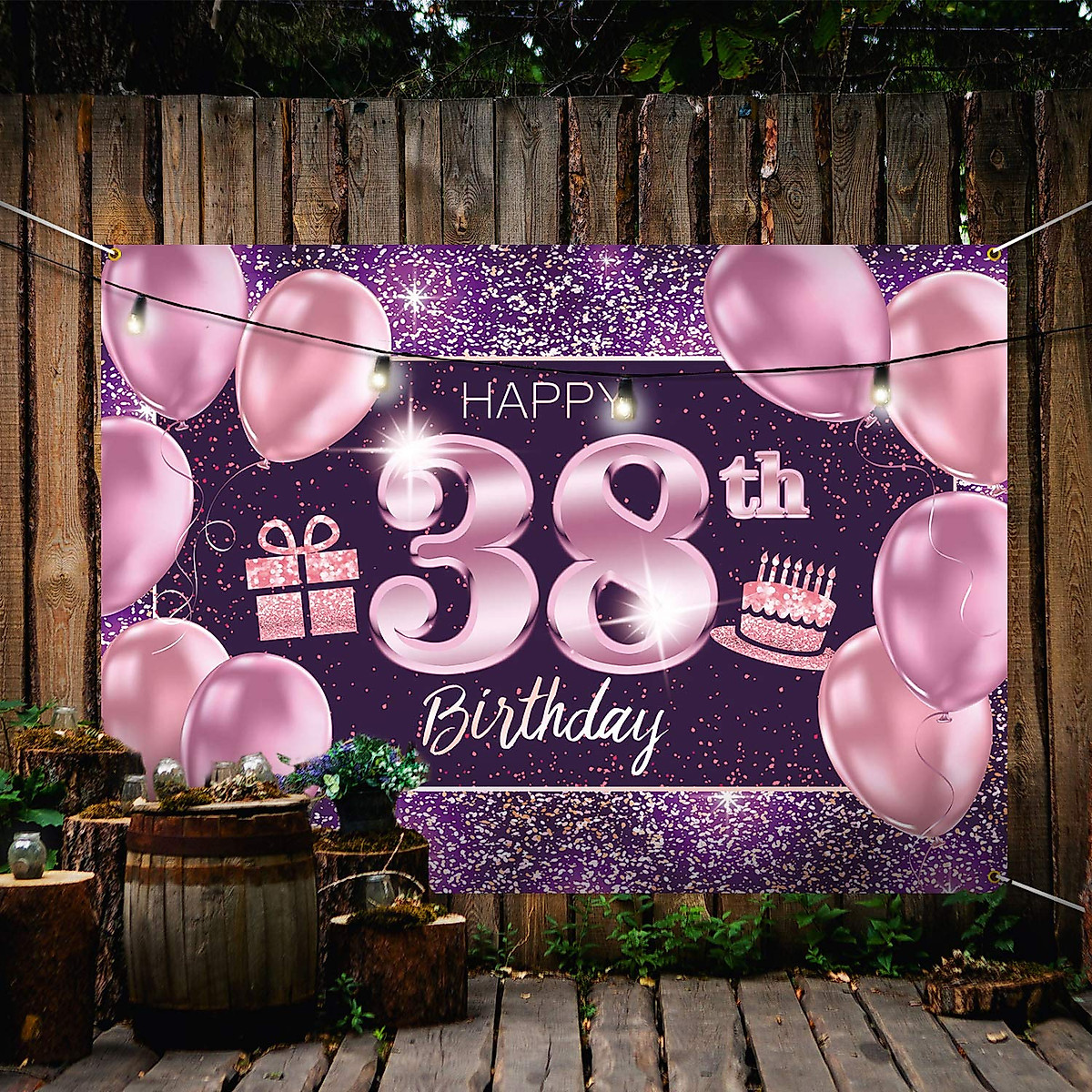 PAKBOOM Happy 38th Birthday Banner Backdrop - 38 Birthday Party Decorations Supplies for Women - Pink Purple Gold 4 x 6ft
