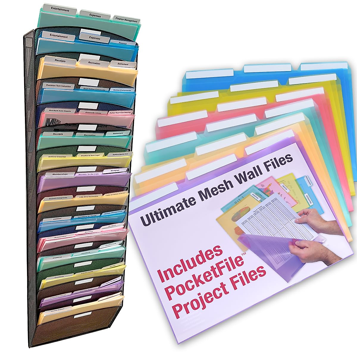 Ultimate Office Mesh Wall File Organizer, 15 Tier Vertical Mount Hanging File Sorter. Multipurpose Display Rack Includes 18, 3rd Cut PocketFile Clear Document Folder Project Pockets (Black)