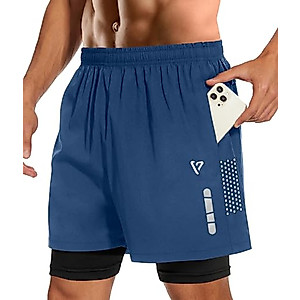 FIONECA 2 in 1 Running 5 Inch Inseam Shorts Men Breathable Mesh, Quick Dry Mens Athletic Shorts for Men Gym Sports Training(Navy Blue,S)