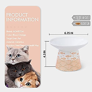 6.25 Inch Extra Wide Elevated Ceramic Cat Bowls, Food and Water Bowl Set for Elder Big Cats Small Dogs, Raised Design for Pet Easy Eating, Protect Cat's Spine, Blue & Orange, Set of 2