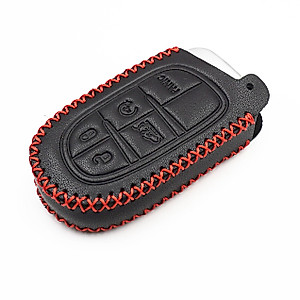 WFMJ Black Leather for Jeep Grand Cherokee Dodge Charger Challenger Dart Durango Journey Chrysler 300 5 Buttons Smart Remote Key Fob Case Cover Chain (type1)