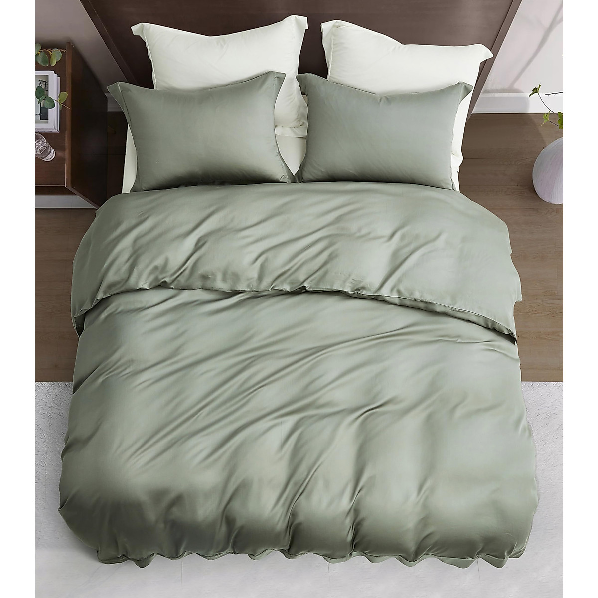 Sterling Creek 100% Tencel Lyocell Duvet Cover Set Queen Size 3-Piece Set - Luxury Soft Breathable Silky Smooth Cooling Comforter Cover with Button Closure for Hot Sleepers (Queen, Eucalyptus)