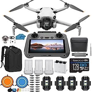 DJI Mini 4 Pro Drone with 3 Battery Fly More Combo RC 2 Screen Remote Camera Drone Bundle Kit, with 128 GB SD, 3.0 USB Card Reader, Landing Pad, Waterproof Backpack, Strobe Lights and More