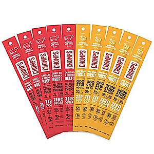 CHOMPS Grass Fed Beef & Turkey Jerky Sticks, Originals Variety Pack, 10 Sticks: (5) Original Beef, (5) Original Turkey - Keto, Whole30, Paleo, Gluten Free, Sugar Free