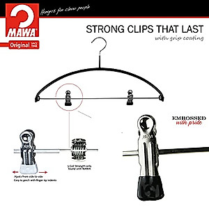 Mawa by Reston Lloyd European Non-Slip Metal Clothing Hanger, Smooth Shoulder Support & Adjustable Pant Clips, Set of 5, Black