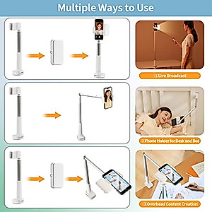 yAyusi Overhead Phone Mount for Recording,Phone Stand for Recording Overhead,Articulating Arm Cell Phone Holder with LED Ring Light,Desk/Bedside Tripod for YouTube Live Stream Cooking Video Recording