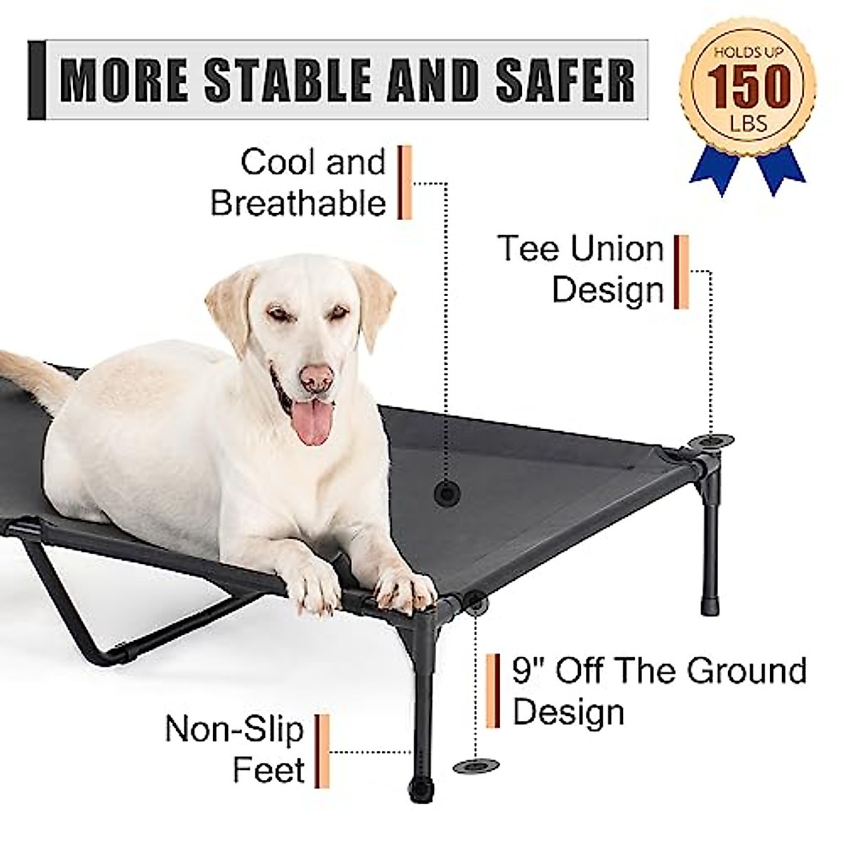 Garnpet Elevated Dog Bed for Extra Large Dogs, Raised Dog Cot Beds Fits Up to 150 LBs, Heavy Duty Pet Cots with Durable Supportive Teslin Recyclable Washable Mesh, Indoor & Outdoor Dog Bed, Black