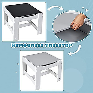KOTEK Kids Wood Table and 2 Chairs Set with Blackboard & Storage Drawers, Children Multi Activity Table for Learning, Playing, Drawing, 3-in-1 Toddler Art Crafts Desk and Chairs Set (Gray & White)