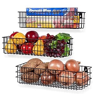 Wall35 Kansas Wall Mounted Metal Wire Baskets for Kitchen Organization and Storage, Varying Sizes Hanging Fruit Basket Set of 3 Black