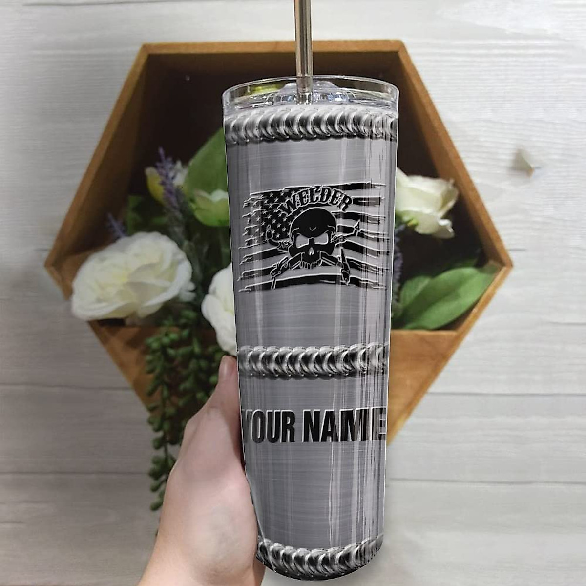 N NAMESISS All Over Printed Tumbler, Welder Tumbler, Welder Skinny Tumbler, Welder Hourly Rate Iron Skinny Tumbler 20oz Custom Your Name, Stainless Steel Tumbler 20OZ, Gift for Him, Father's Day Gift