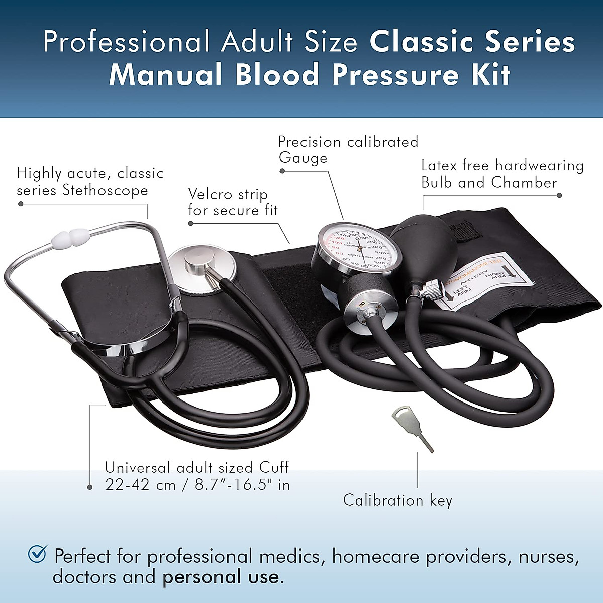 NOVAMEDIC Adult Size Black Manual Blood Pressure Machine and Stethoscope Kit, BP Monitor with Adjustable Upper Arm Cuff for Monitoring High Blood Pressure, Includes Carrying Case