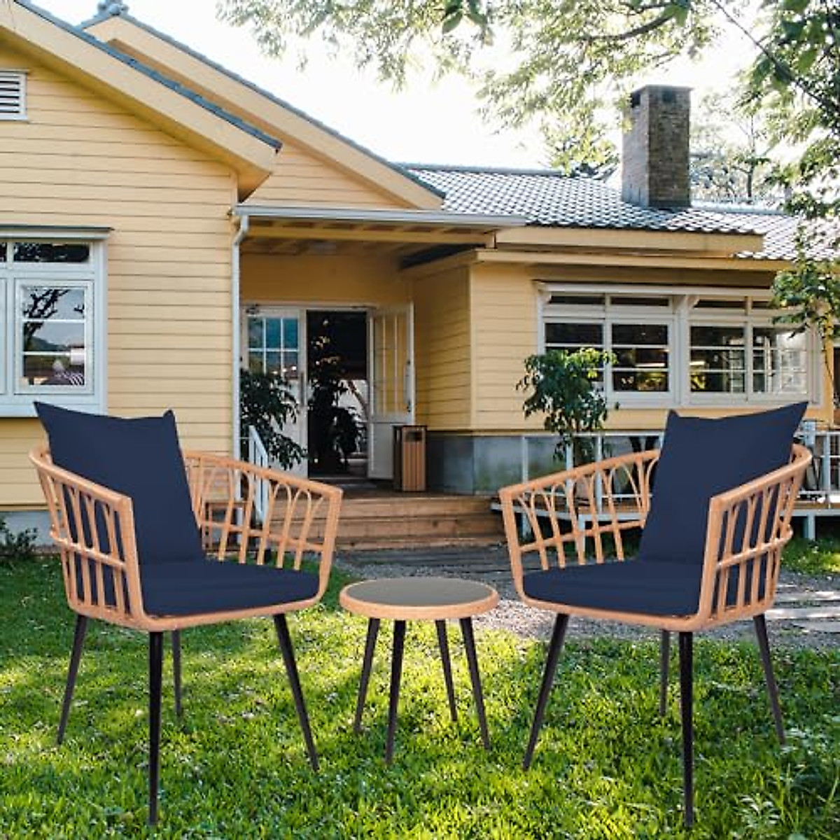 Koruiten 3-Piece Patio Bistro Sets, Outdoor Wicker Dining Conversation Furniture Sets with Cushions, Tempered Glass Side Table and 2 Patio Porch Chairs for Balcony, Backyard (Dark Blue)