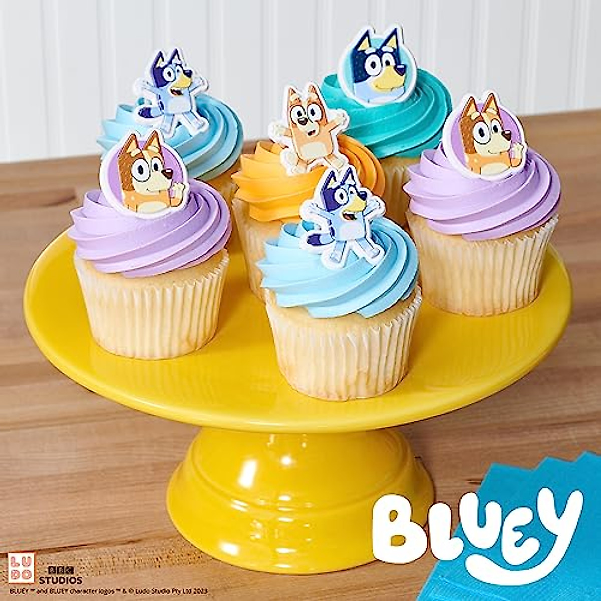 DecoPac Bluey So Much Fun Rings, Cupcake Decorations Featuring Bluey, Bingo, Bandit, and Chilli, 3D Food Safe Cake Toppers – 24 Pack