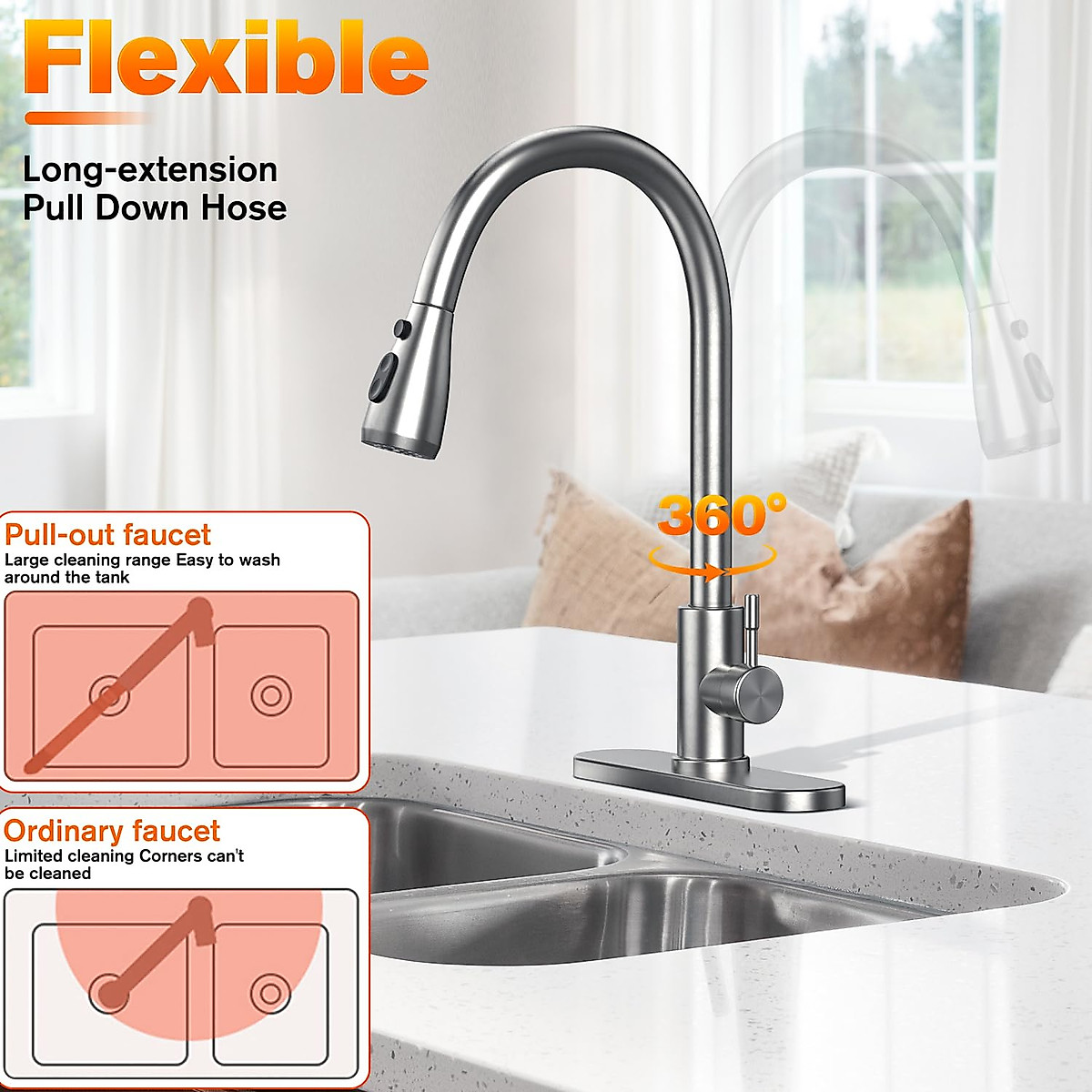 Susbie Kitchen Faucets with Pull Down Sprayer,Kitchen Faucet,Single Handle Kitchen Sink Faucet with Pull Out Sprayer,Single Level Stainless Stee